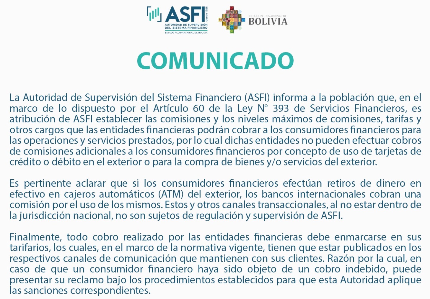 ASFI: Entidades financieras no pueden hacer cobros adicionales por uso ...